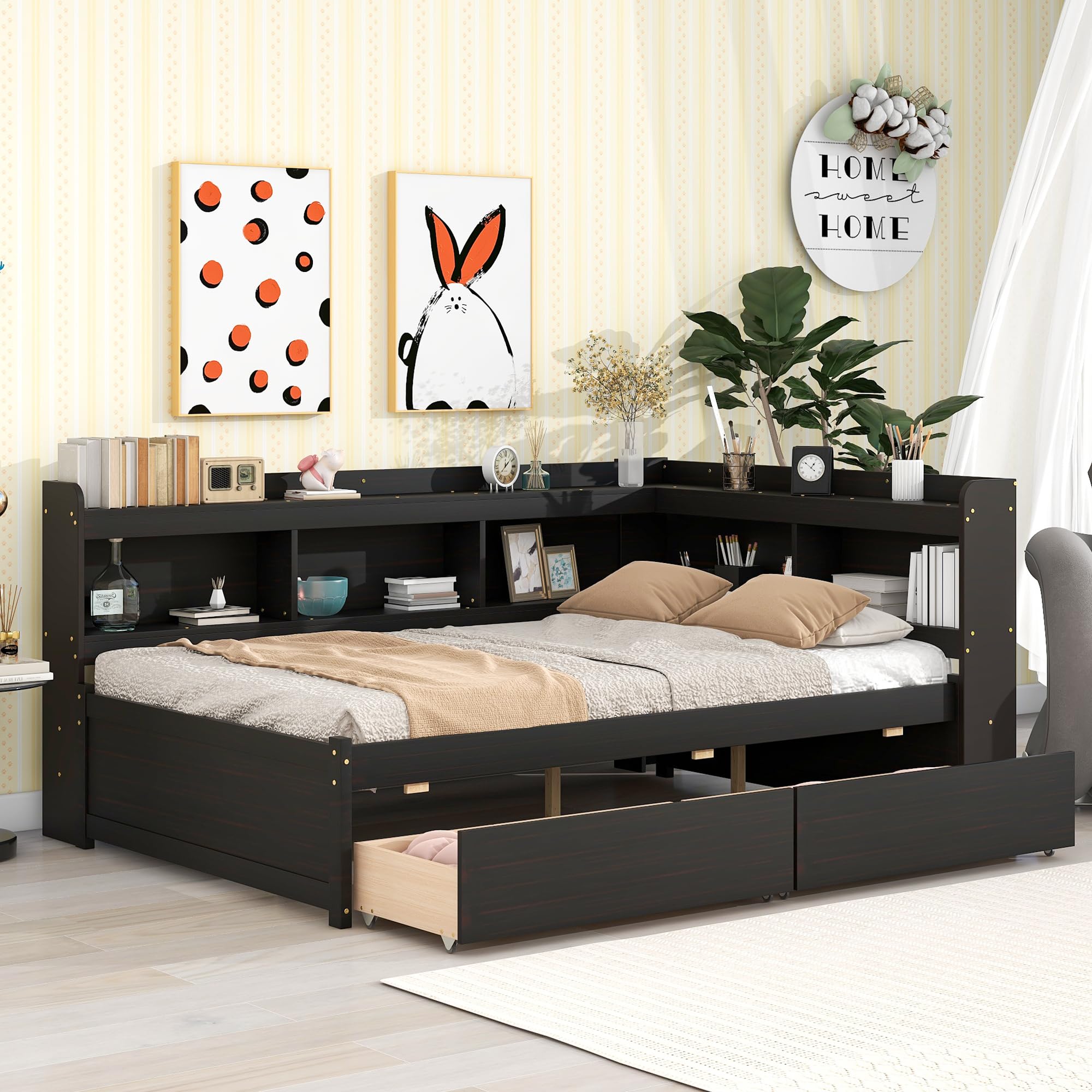 Full Size Platform Bed with L-Shaped Storage Shelfs and Bookcases, Pine Wood Day Bed with 2 Storage Drawers for Boys Girls Teens Adults/Living Room/Bedroom (Espresso)