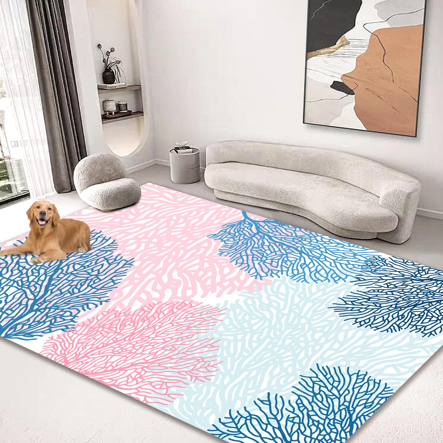 QH Blue and Pink Coral Area Rug 5'x6' Floor Mats Washable Non-Slip Large Rugs for Living Room Kitchen Bedroom Dining Room Outdoor Home Decor