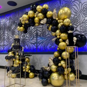 Black and Gold balloons Arch Garland Kit, 100pcs Black Gold Confetti Balloons with 16ft Tape Strip & Dot Glue for Graduation Birthday Baby Shower Wedding Party Decorations