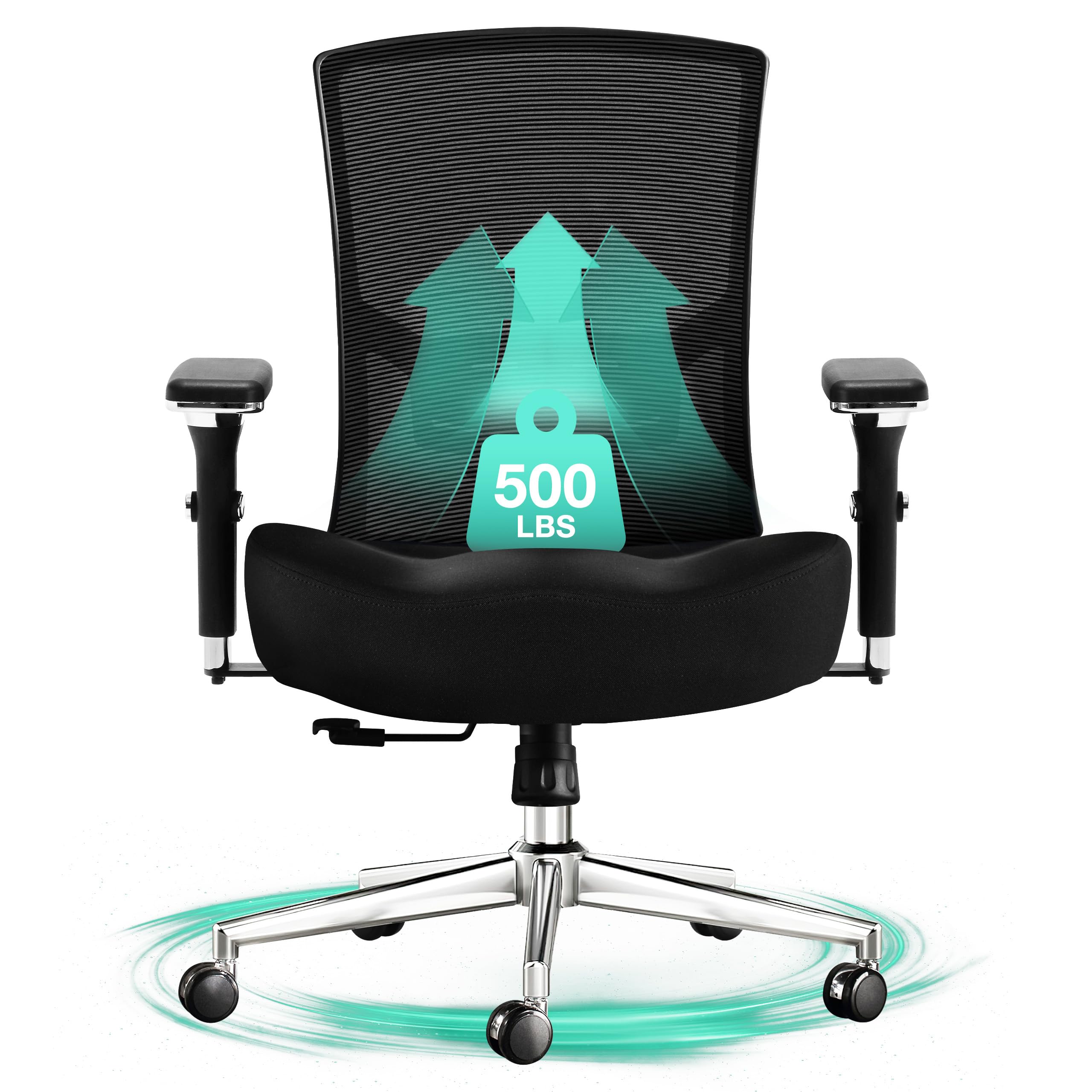 Big and Tall Office Chair 500lbs, Ergonomic Oversize Mesh Desk Chair, Heavy Duty High Back Computer Chair with Wide Thick Seat Cushion, Adjustable Lumbar Support, 4D Armrests