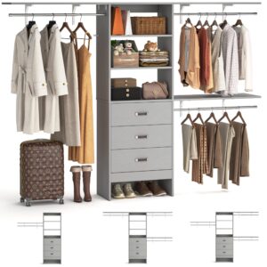 isunirm 8ft closet system, 96'' closet organizer system with 3 hanging rods, wall mount bedroom wardrobe with 3 drawers walk-in closet, adjustable cloth garment rack from 5 to 8ft (cut to fit), grey