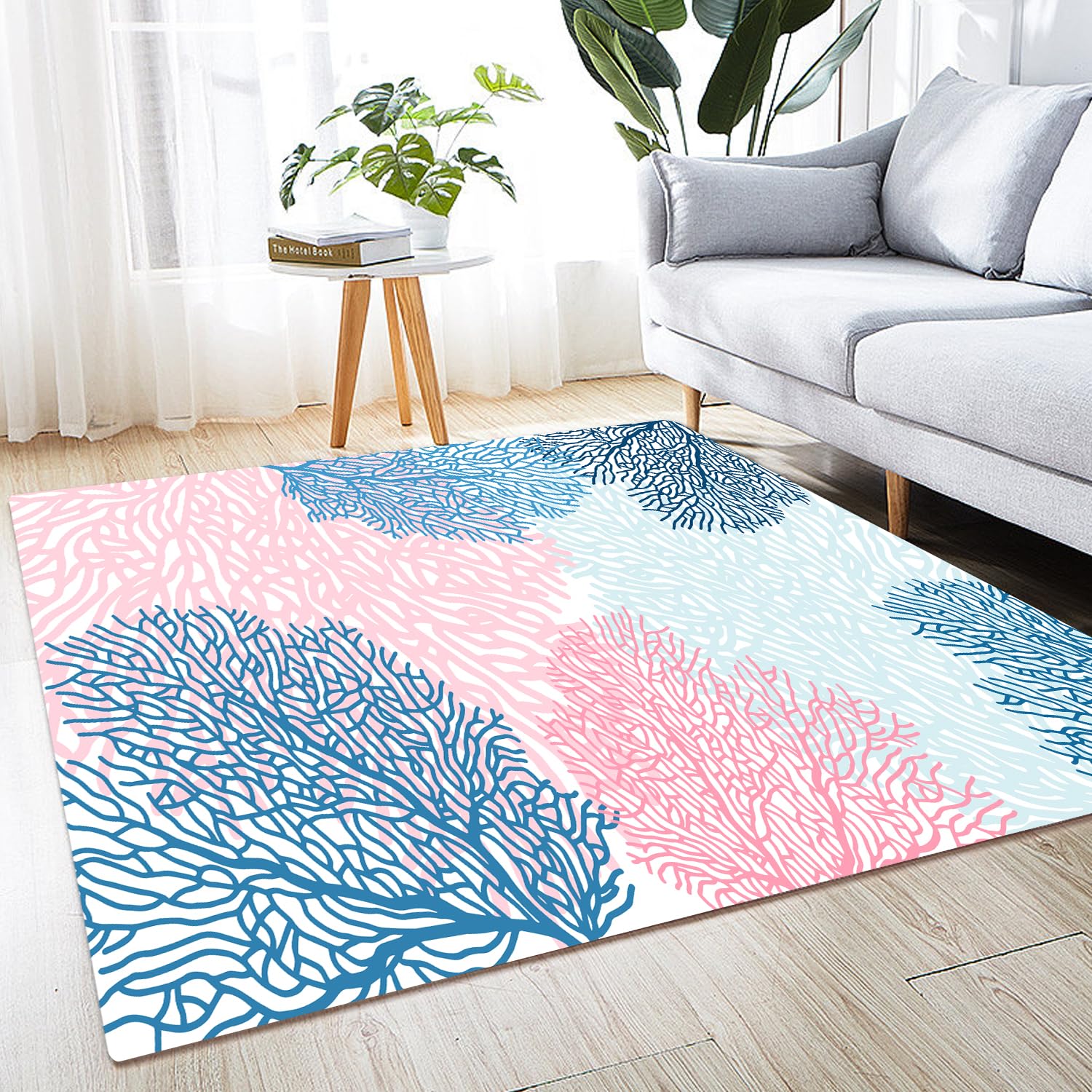 QH Blue and Pink Coral Area Rug 5'x6' Floor Mats Washable Non-Slip Large Rugs for Living Room Kitchen Bedroom Dining Room Outdoor Home Decor