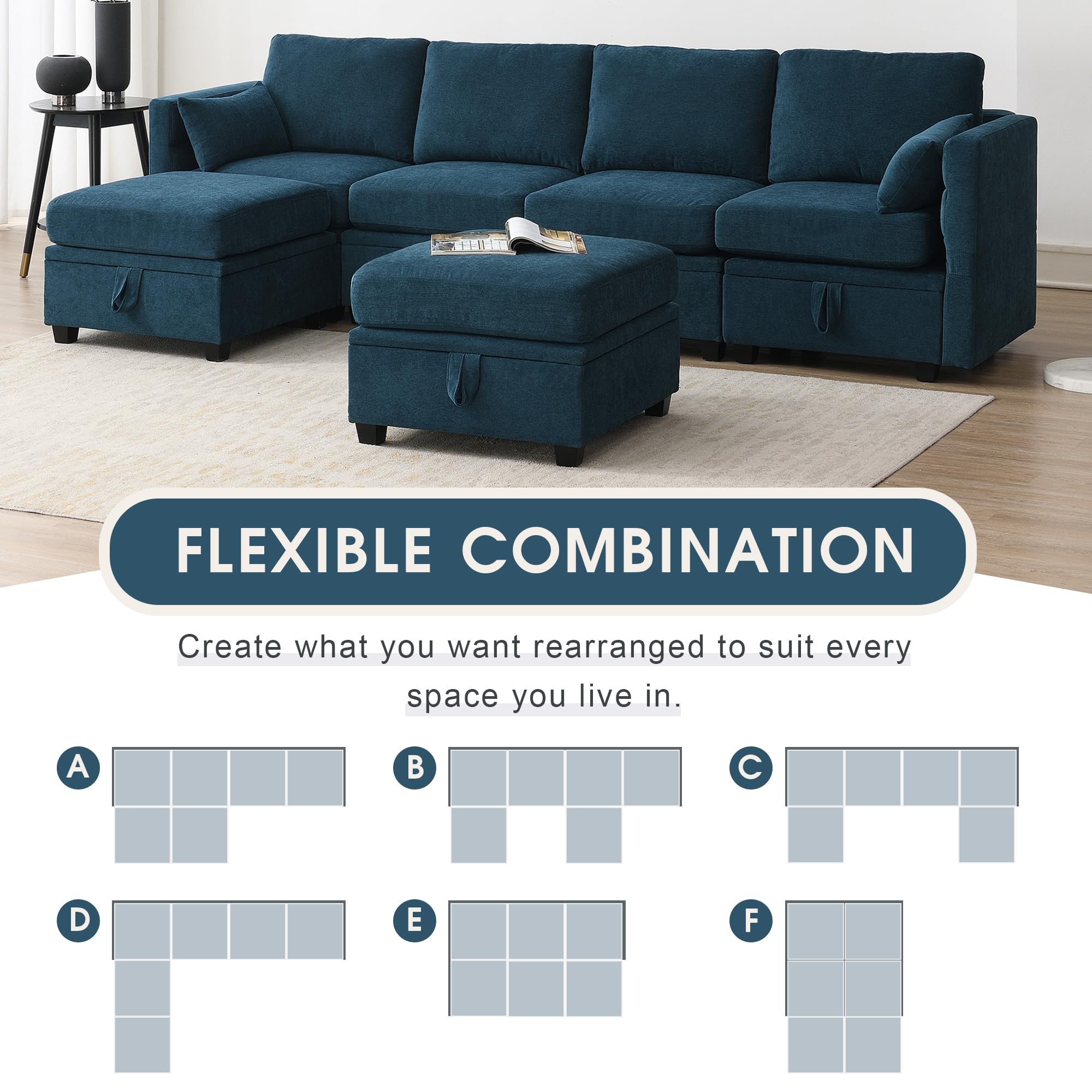 Merax Modular Sectional Sofa, U Shaped Couch w/Adjustable Armrests & Backrests and 6 Storage Seats, for Living Room, Apartment, Blue