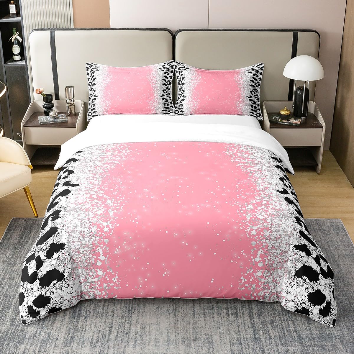 Ombre Pink (Not Glitter) Bedding Set Twin Size Pink Black Leopard Glitter 100% Cotton Duvet Cover Glam Glitter Art Prints Comforter Cover Black Leopard Silver Shiny Glitter Bedspread Cover 2Pcs