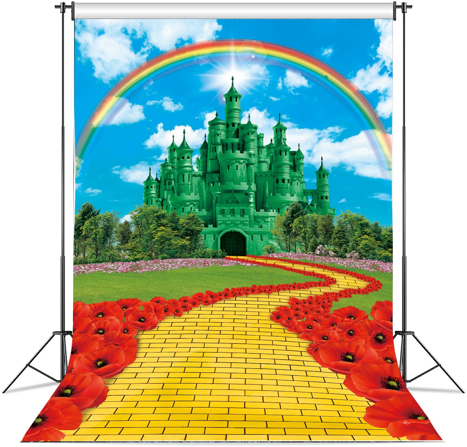 Green Castle Yellow Brick Road Backdrop for Party Decorations 5x7FT Rainbow Floral Castle Gold Brick Road Photography Background Baby Shower Princess Party Decorations Supplies