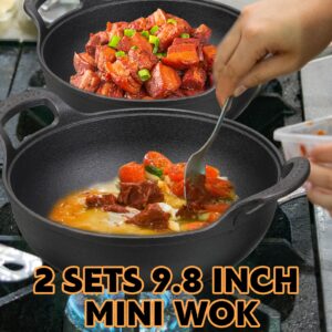 Layhit 2 Sets Cast Iron Wok with Loop Handle 9.8 Inch Mini Wok Nonstick Coated Flat Bottom Wok Stir Fry Pans Pre Seasoned No Chemical Grilling Wok Suitable for Induction Electric Gas All Stoves, Black