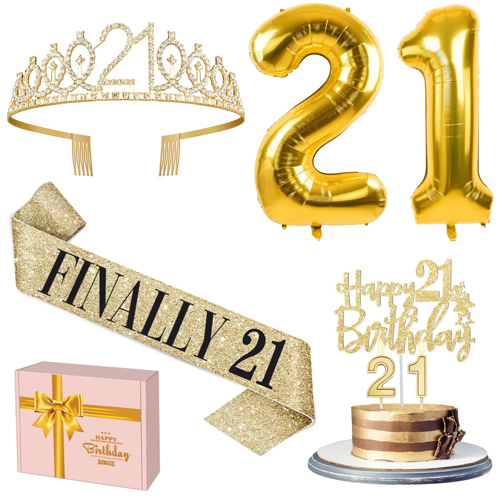 21st Birthday Decorations for Her Include 21st Birthday Tiara and Finally 21 Sash , 21st Birthday Cake Topper and 21 Birthday candles, Gold 21 Balloons, 21st Birthday Gifts for Her Set (Gold)