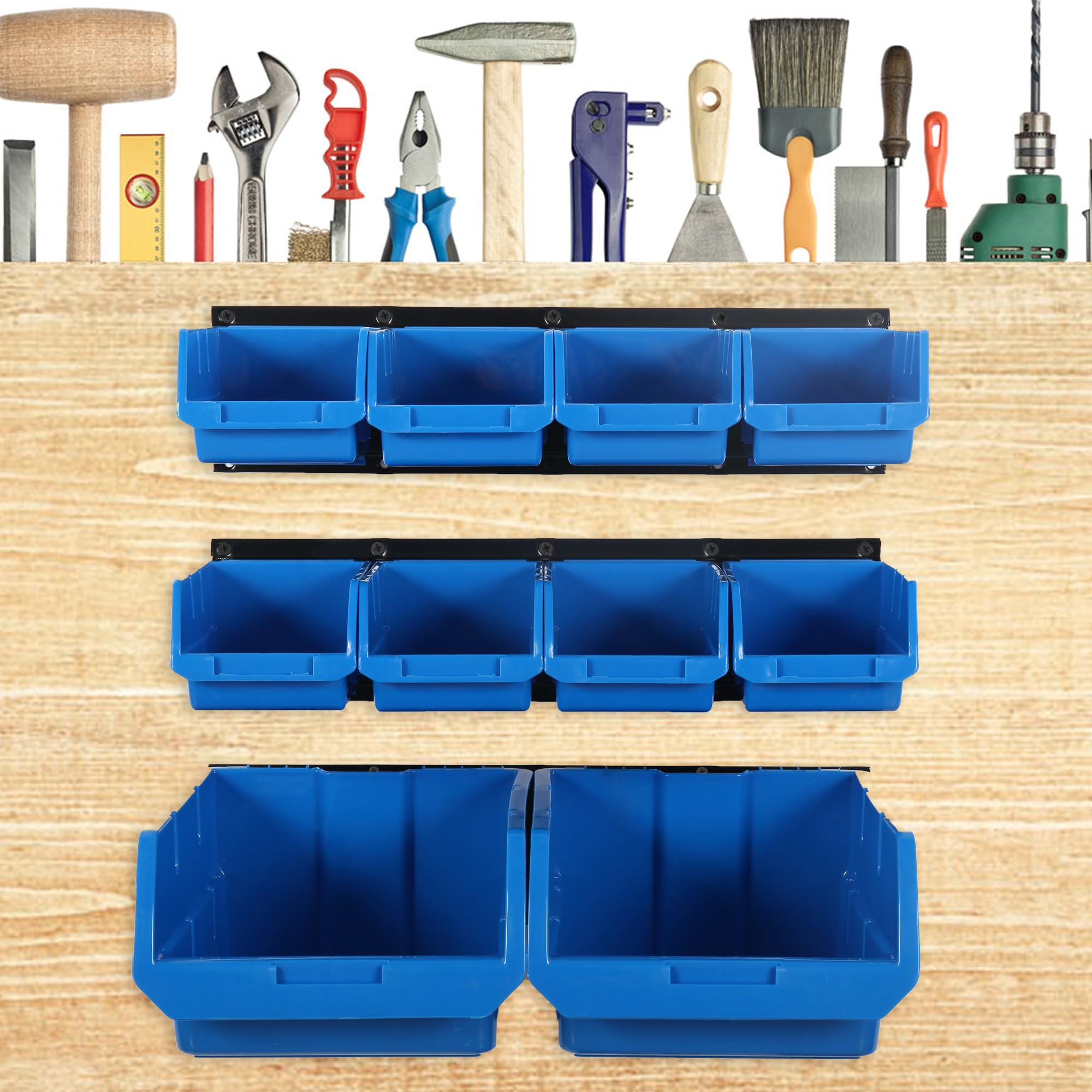 Wallmaster Wall Mounted Storage Bins, Wall Storage Bins Parts Rack 10 Bins&3 Rails Wall Mount Tool Organizer Hardware Storage Organizer (Blue)