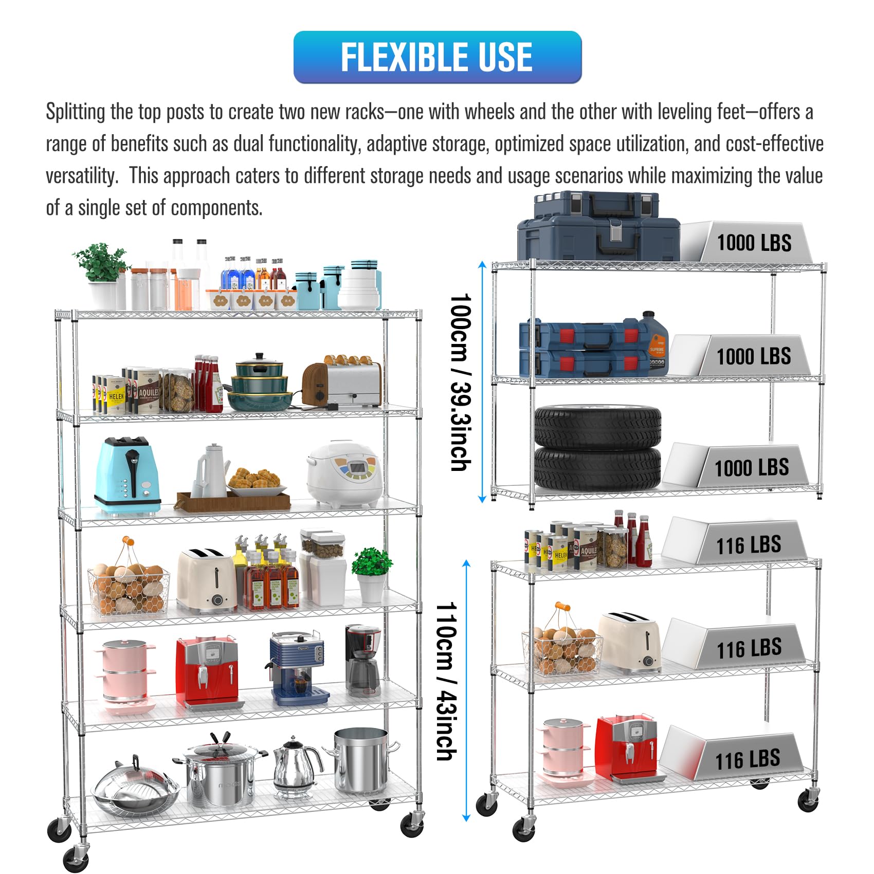 6 Tier NSF Wire Shelf Shelving Unit, 18 x 48 x 82 In 6000lbs Capacity Heavy Duty Adjustable Storage Metal Rack with Wheels/Leveling Feet & Shelf Liners, Ideal for Garage, Kitchen, and More - Chrome