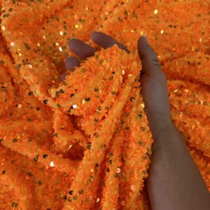 Sequin Velvet Fabric Soft Stretchy Cloth with Glittering Sequins Perfect for Dressmaking Costumes Upholstery and Christmas Decor 1 Yard of Spandex Fabric for Sewing and Crafts (Orange)