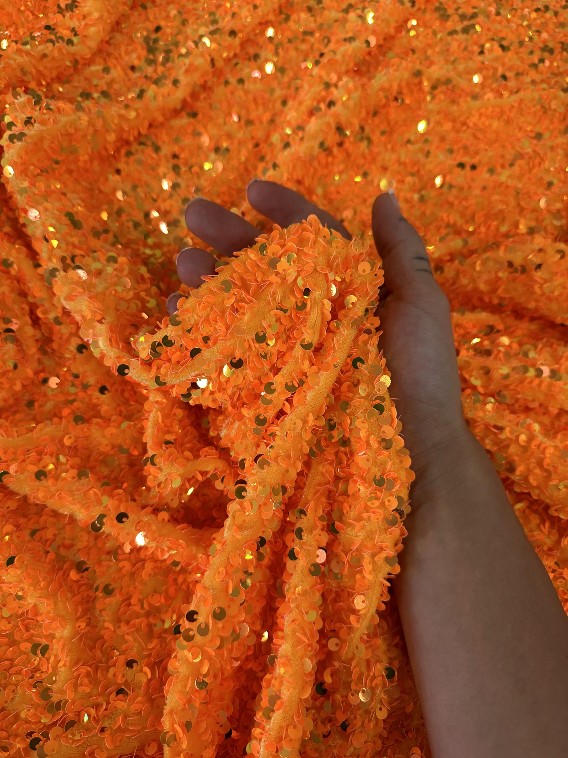 Sequin Velvet Fabric Soft Stretchy Cloth with Glittering Sequins Perfect for Dressmaking Costumes Upholstery and Christmas Decor 1 Yard of Spandex Fabric for Sewing and Crafts (Orange)