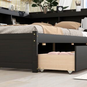 Full Size Platform Bed with L-Shaped Storage Shelfs and Bookcases, Pine Wood Day Bed with 2 Storage Drawers for Boys Girls Teens Adults/Living Room/Bedroom (Espresso)