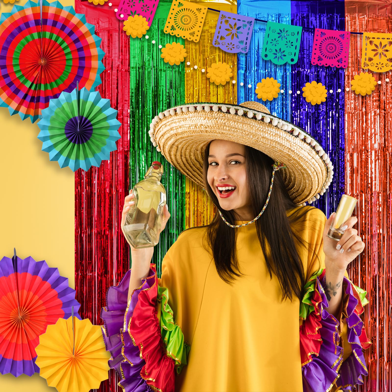 Mega-L Fiesta Party Decorations Foil Fringe Curtains,2 Pack Mexican 3.3x6.6ft Tinsel Streamers for Dia De Los Muertos Day of The Dead Decorations Backdrop,Cinco de Mayo Taco Party Photo Booth Props