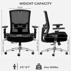 Big and Tall Office Chair 500lbs, Ergonomic Oversize Mesh Desk Chair, Heavy Duty High Back Computer Chair with Wide Thick Seat Cushion, Adjustable Lumbar Support, 4D Armrests