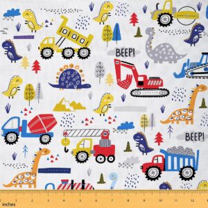 cartoon car sets for boys 1 yard kids construction dinosaur upholstery fabric for chairs equipment trucks decorative waterproof outdoor fabric cute vehicles kawaii jungle dino decor red yellow blue