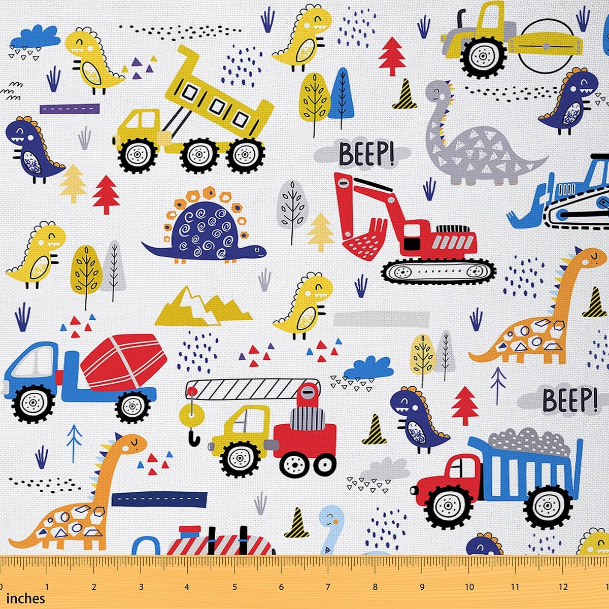 Cartoon Car Sets for Boys 1 Yard Kids Construction Dinosaur Upholstery Fabric for Chairs Equipment Trucks Decorative Waterproof Outdoor Fabric Cute Vehicles Kawaii Jungle Dino Decor Red Yellow Blue