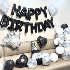 Black Birthday Party Decorations Happy Birthday Balloons Banner with Black and White Balloons Set For Women Men Boy Girls Champagne Birthday Decor