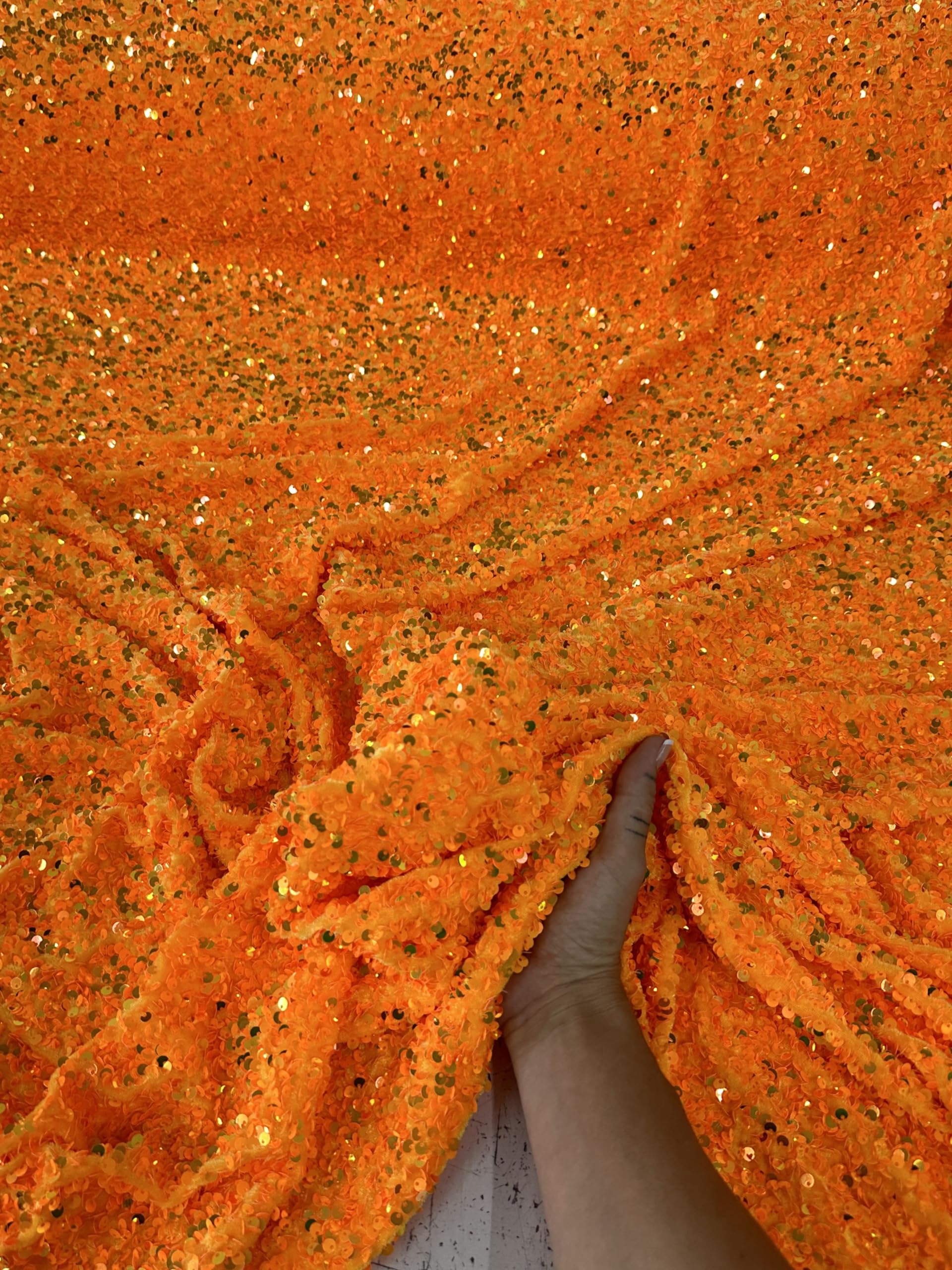 Sequin Velvet Fabric Soft Stretchy Cloth with Glittering Sequins Perfect for Dressmaking Costumes Upholstery and Christmas Decor 1 Yard of Spandex Fabric for Sewing and Crafts (Orange)