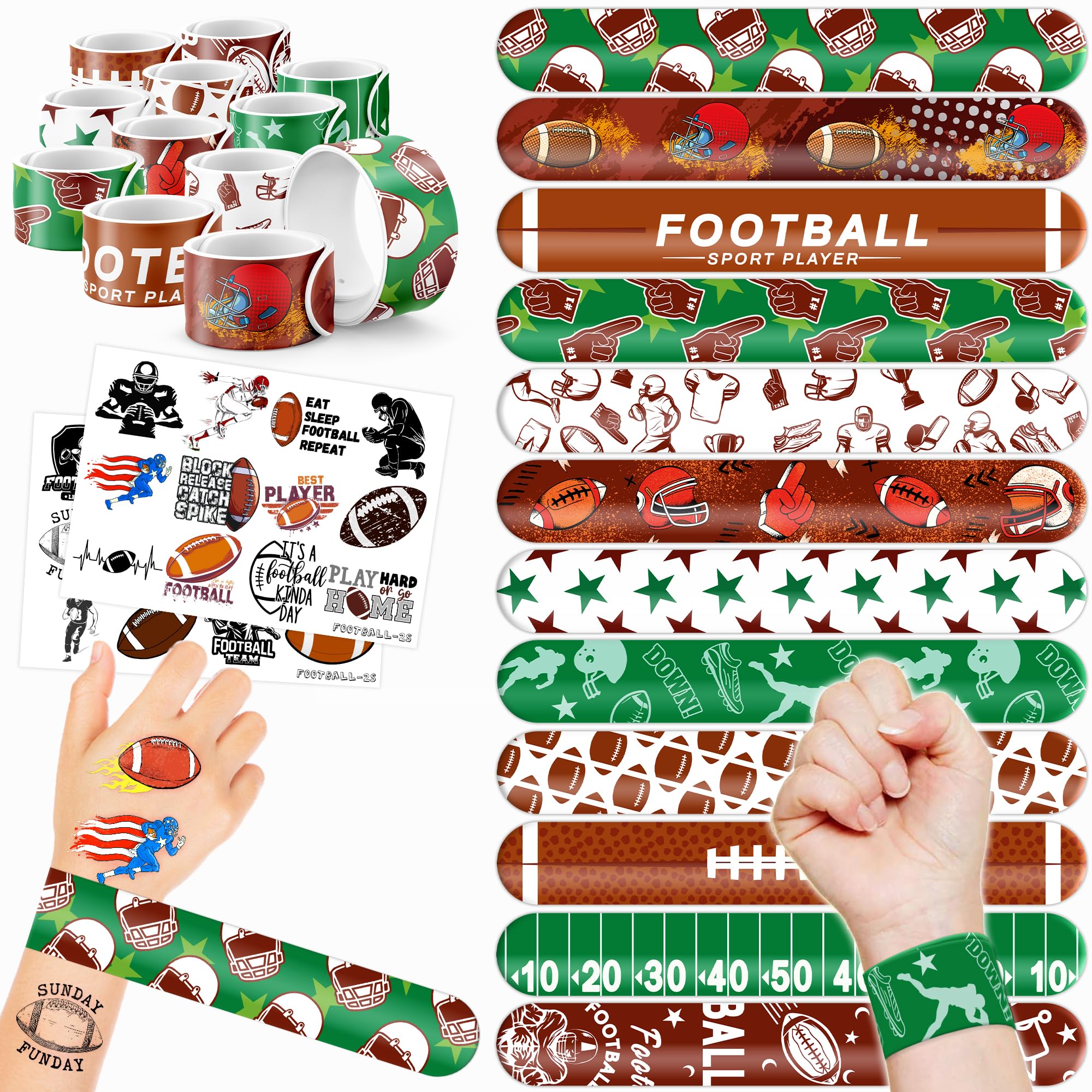 48PCS Football Party Favors 24PCS Tattoos 24PCS Slap Bracelets Wristbands Kids Themed Birthdays Party Supplies Decorations Decor American Rugby Fans Cheerleaders Boy Gifts School Classroom Prize