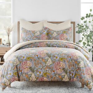 levtex home - angelica duvet cover set - full/queen duvet cover + two standard pillow cases - floral - blue grey taupe green maroon - duvet cover (90 x 94in.) and pillow case (26 x 20in.) - cotton