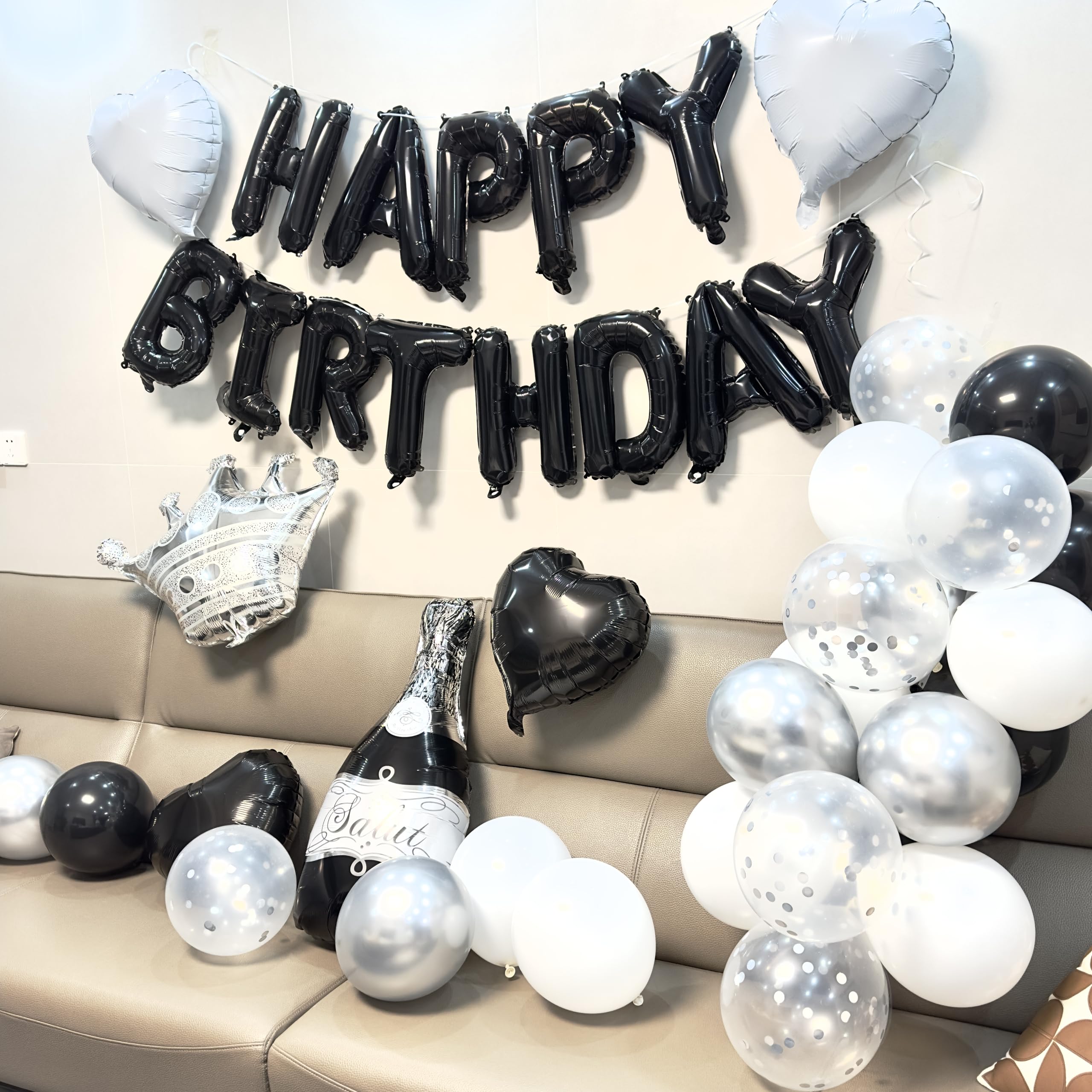 Black Birthday Party Decorations Happy Birthday Balloons Banner with Black and White Balloons Set For Women Men Boy Girls Champagne Birthday Decor