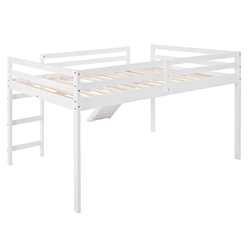 LostCat Full Loft Beds with Slide, Kids Loft Bed with Slide, Wood Full Size Low Loft Bed with Slide and Ladder, Wood Low Loft Bed Frame with Ladder, Wooden Child Bed Frame for Boys Girls, White