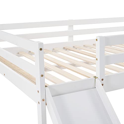 LostCat Full Loft Beds with Slide, Kids Loft Bed with Slide, Wood Full Size Low Loft Bed with Slide and Ladder, Wood Low Loft Bed Frame with Ladder, Wooden Child Bed Frame for Boys Girls, White