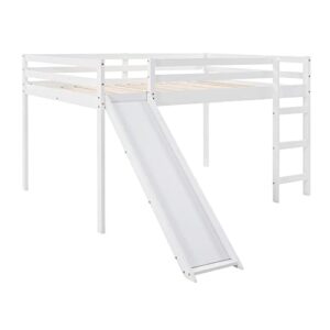 LostCat Full Loft Beds with Slide, Kids Loft Bed with Slide, Wood Full Size Low Loft Bed with Slide and Ladder, Wood Low Loft Bed Frame with Ladder, Wooden Child Bed Frame for Boys Girls, White