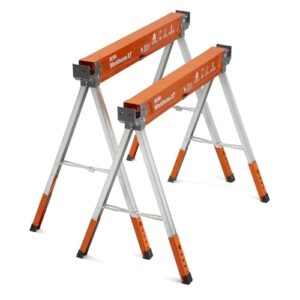 bora workhorse xt saw horses 2 pack folding heavy duty adjustable height sawhorse pair with adjustable legs, heavy duty saw horse for contractors portable workbench w/built in bottle opener pm-3360t