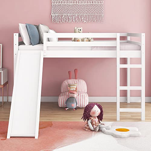 LostCat Full Loft Beds with Slide, Kids Loft Bed with Slide, Wood Full Size Low Loft Bed with Slide and Ladder, Wood Low Loft Bed Frame with Ladder, Wooden Child Bed Frame for Boys Girls, White