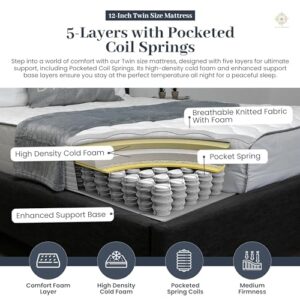 Twin Size Mattress - 12 Inch Cool Memory Foam & Spring Hybrid Mattress with Breathable Cover - Comfort Tight Top - Rolled in a Box - Oliver & Smith