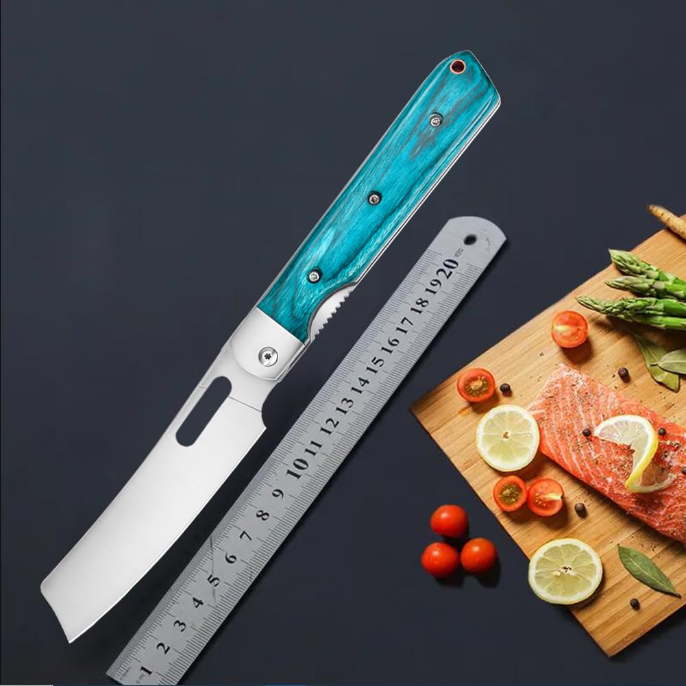 Camping Kitchen Knife Pocket Chef Knife Home Cook Starter 4 inch Sharp 8Cr14Mov Stainless Steel Blade Blue Wood Handle Japanese Style Folding Universal knife for Outdoor Cooking BBQ