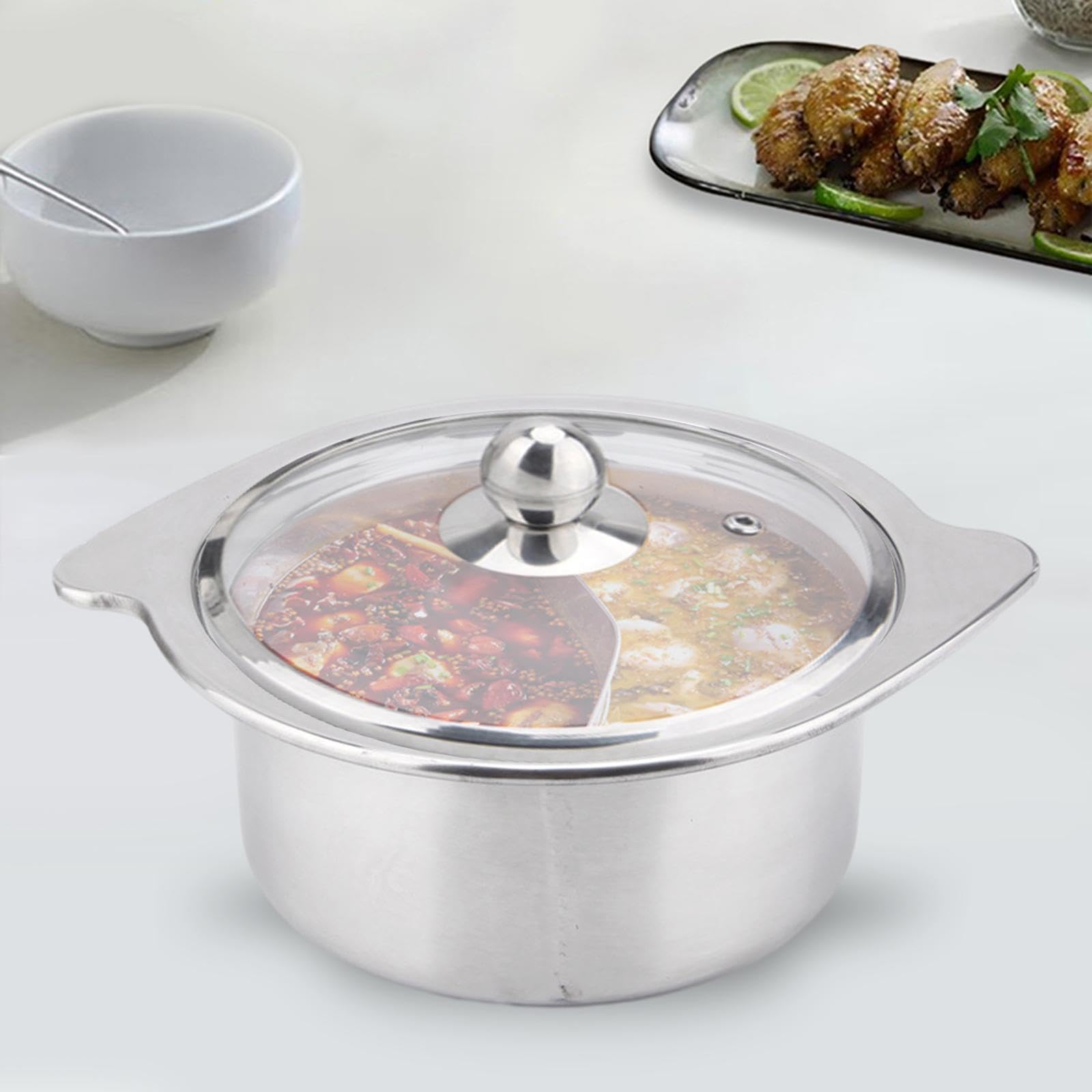 ＫＬＫＣＭＳ Hot Pot with Divider Chinese Dual Sided Pot Multipurpose Hot Burner Cooking Pot Cookware for Travel Restaurant Household Home, 18cm with lid