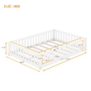 Full Size Floor Bed for Kids, Wood Montessori Bed with Slats, Safety Fence & Door, Playhouse Floor Bed Frame with Rails for Girls Boys Children Teens, White