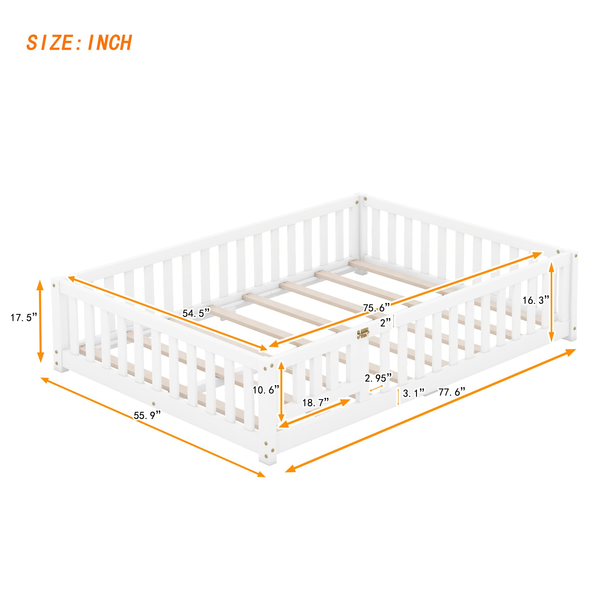 Full Size Floor Bed for Kids, Wood Montessori Bed with Slats, Safety Fence & Door, Playhouse Floor Bed Frame with Rails for Girls Boys Children Teens, White