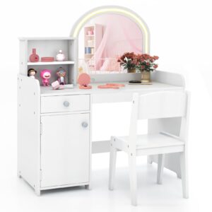 honey joy kids vanity set with lighted mirror, 2 in 1 princess toddler dressing table w/open storage shelves & drawer, wooden makeup table & chair set, pretend play vanity set for little girls, white