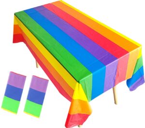 rcffdl pride rainbow tablecloth, 2 pack disposable table covers, 54" x 108" plastic table cloth for rectangle tables for wedding, party, banquet, burgunday