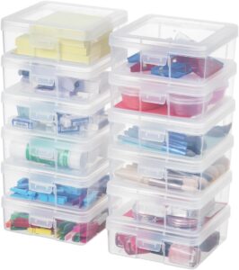 party club of america 12 pack small clear plastic storage boxes with lids, craft jewelry life item organizer for puzzles, pens, rings, needle and thread, nail polish, remote controls