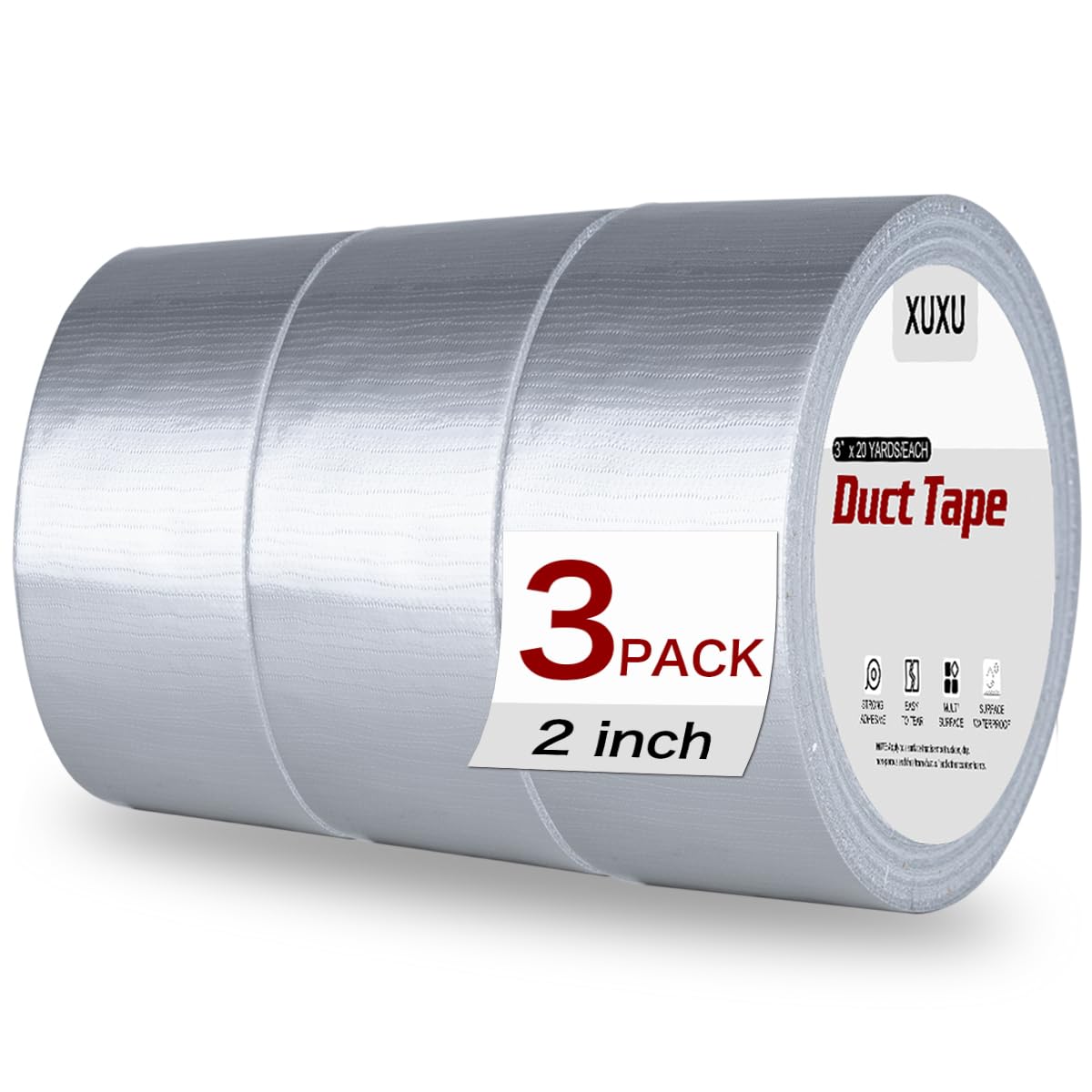 XUXU 3 Pack Duct Tape Heavy Duty Waterproof Silver Duct Tape, Strong Adhesive Duct Tape Bulk for Indoor Outdoor Repairs Tear by Hand, 60 Yards x 2 Inch Total