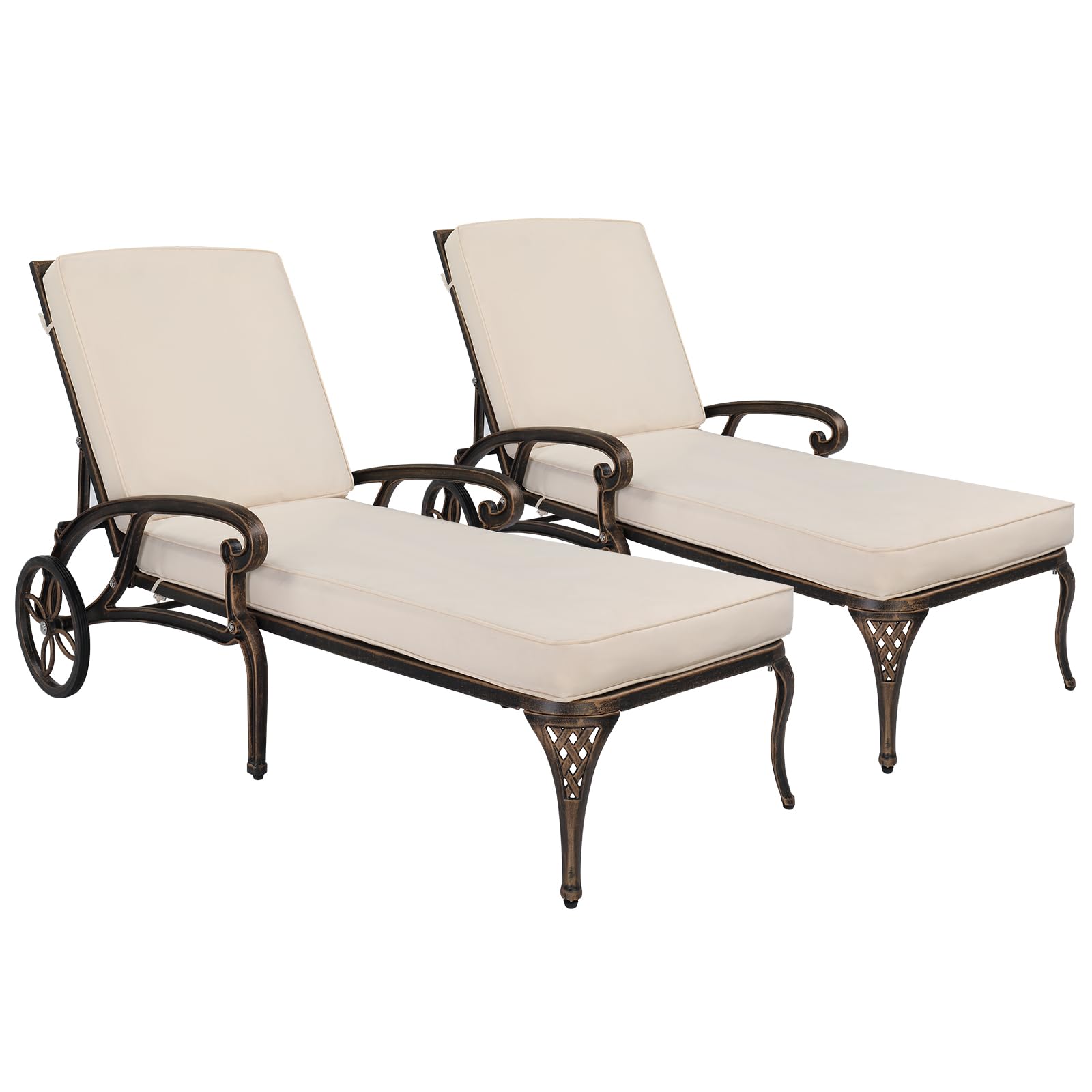 VINGLI Cast Aluminum Outdoor Chaise Lounge Chairs with Wheels, Patio Chaise Lounge with 3-Position Adjustable Backrest, Patio Lounge Chairs Set of 2 for Pool, Patio (2 PCS, Bronze, with Cushion)