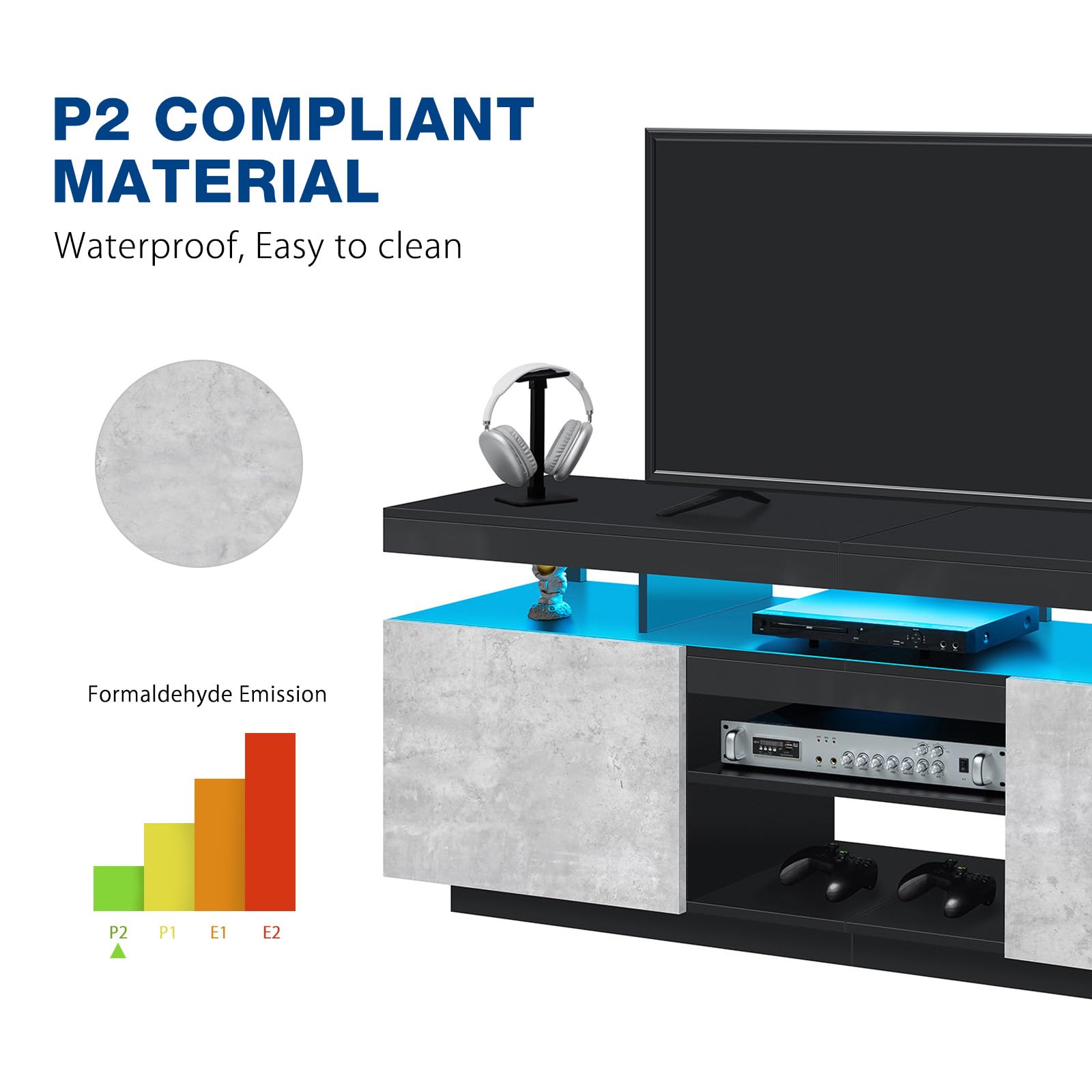 HOMMPA LED TV Stand with Power Outlets for 70/65/60/55 inch TV Modern Entertainment Center with Storage, Gaming TV Consoles with LED Lights Game Cabinet for Living Room Grey& Black