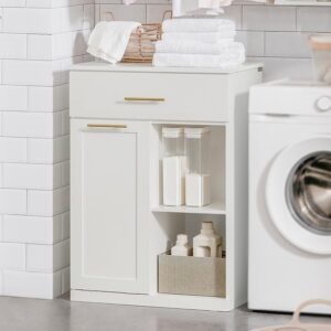 haotian bathroom laundry cabinet, tilt-out laundry hamper, narrow storage cabinet with drawer and shelves, bathroom storage cabinet unit with removable basket, white bzr66-w