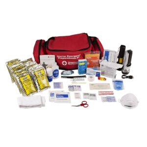 american red cross officially licensed product, first aid concepts basic emergency preparedness starter kit, 12 hour survival supplies for 1 person, water, phone charger, blanket, food