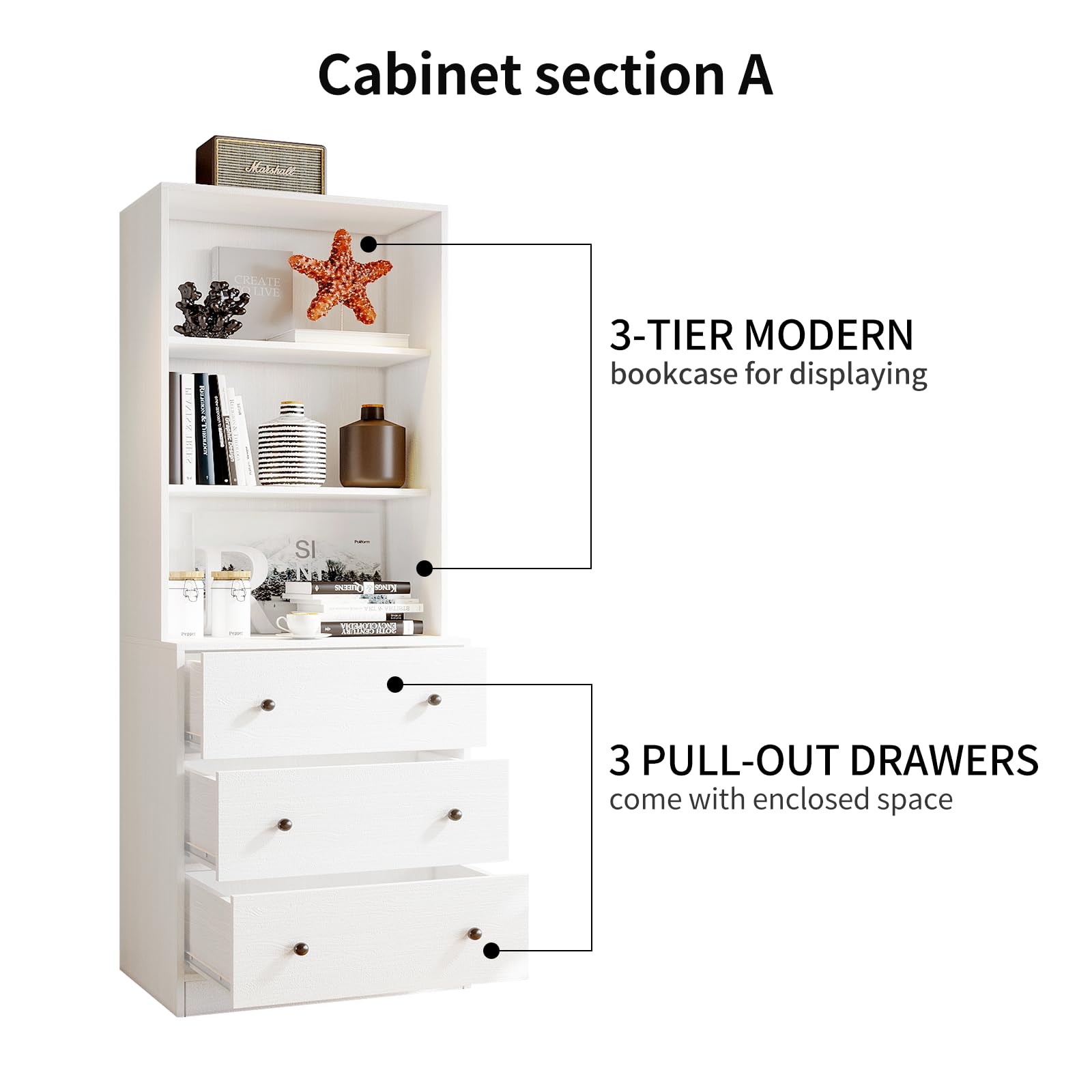 VOWNER Vertical File Cabinet, 3-Tier Modern Bookshelf with 3 Large Drawer, Wood Filing Cabinet with Open Storage Shelf, Glass Doors and Fixed Storage Shelves for Home Office, White