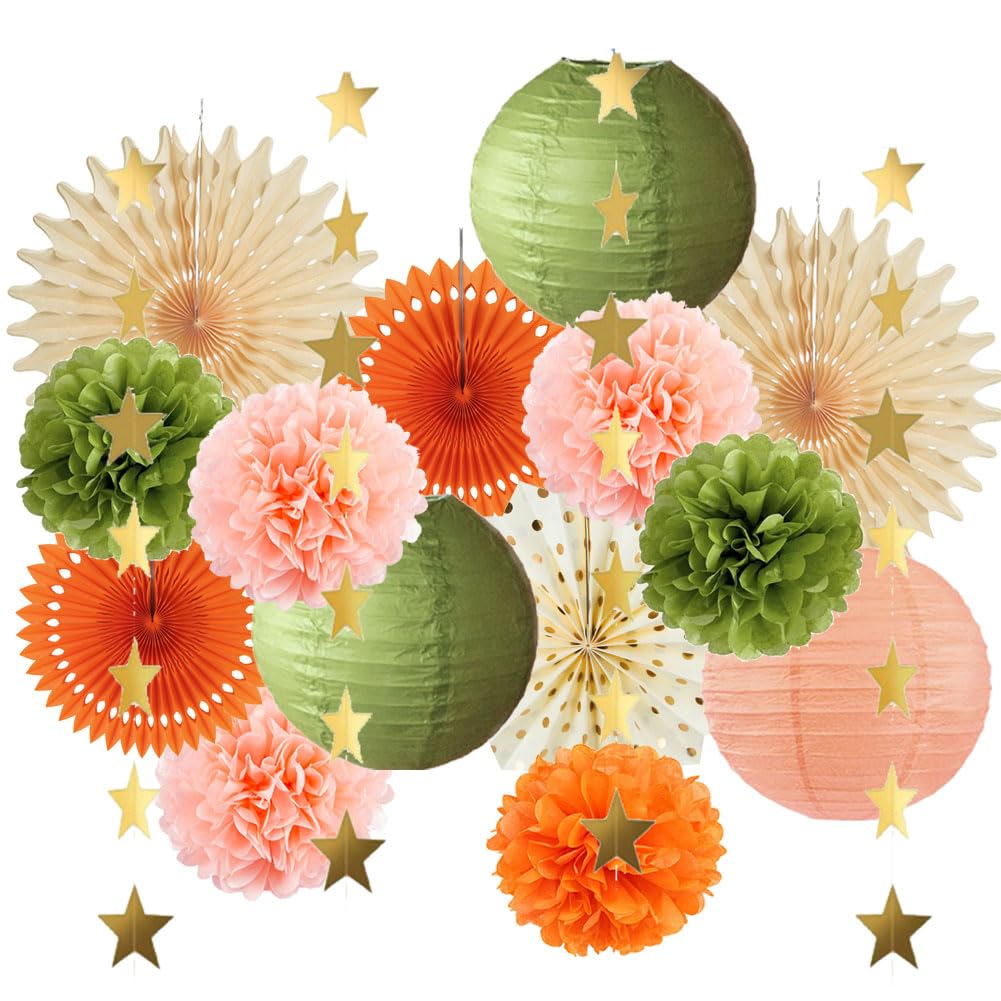 Olive Green and Orange Decorations Paper Lanterns Fans Tissue Paper Pom Poms Peach and Olive Green Decor with Gold Star Garland for Fall Baby Shower Bridal Shower Rustic Wedding Birthday Party