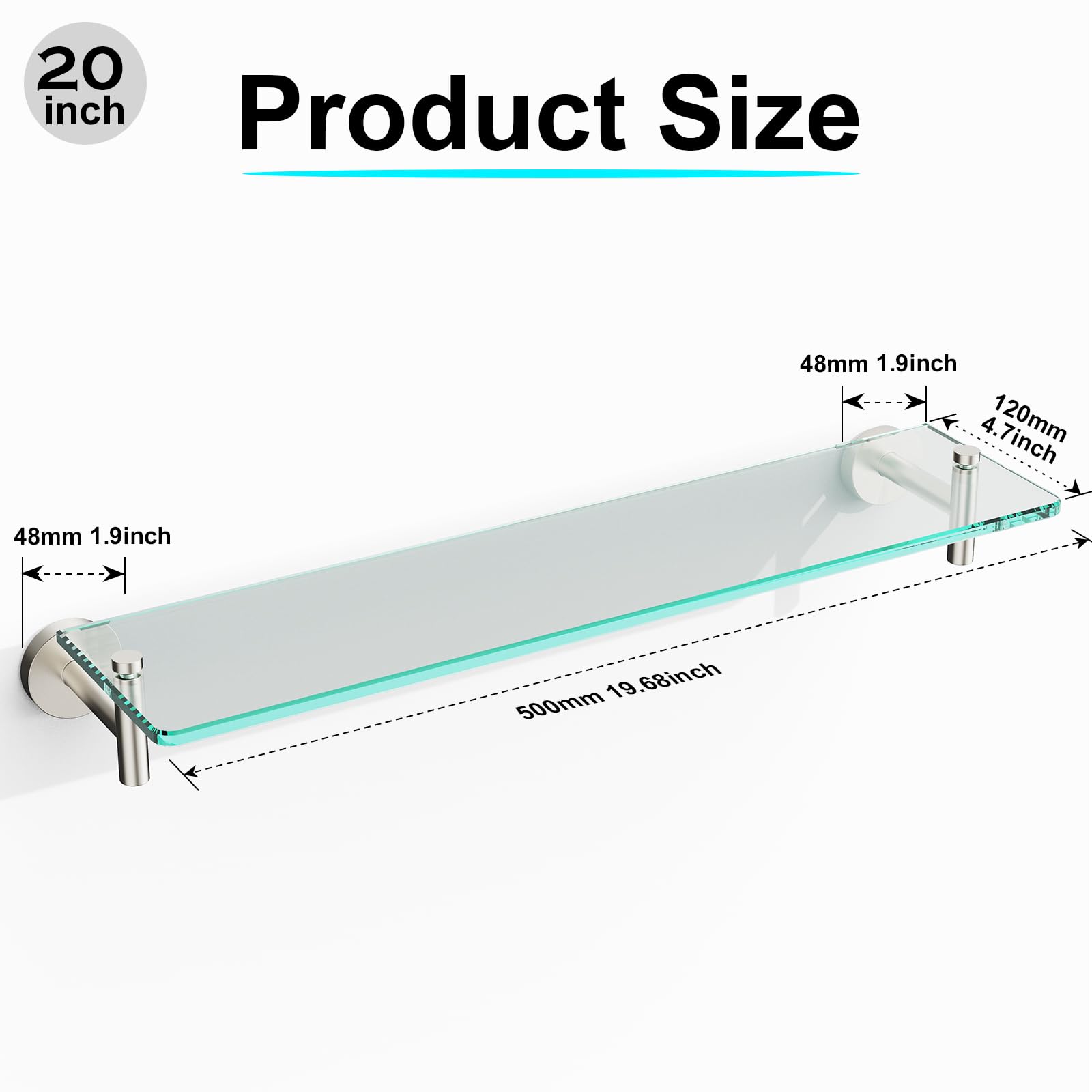 KOCOK Glass Shelves for Bathroom,19.6-Inch Brushed Nickel Floating Bathroom Glass Shelves Tempered Glass Stainless Steel Glass Bathroom Shelves Modern Wall Mount Accessories