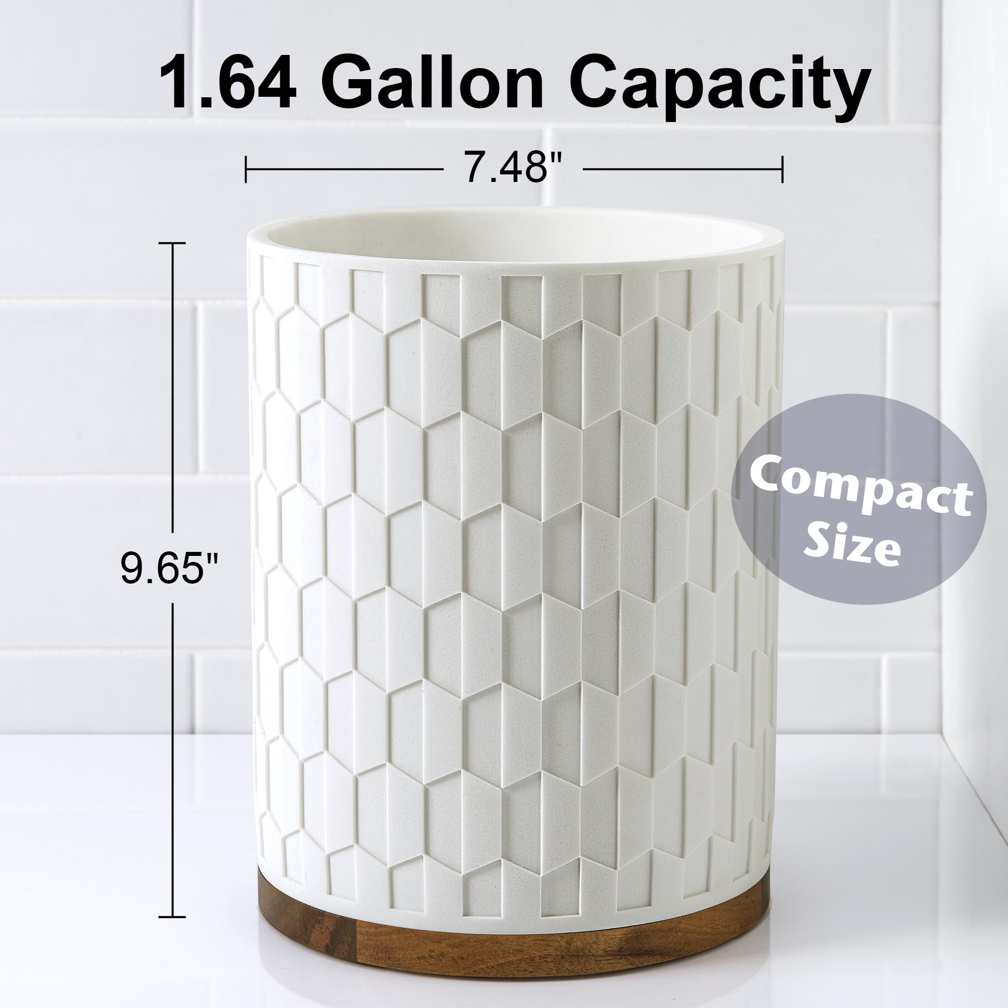 Allure Home Creation Sarasota Resin with Wood Accent Wastebasket Trash Can Compact Size, White, 1.64 Gallons