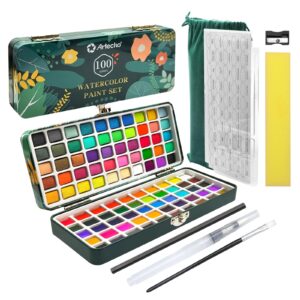 artecho watercolor paint set 100 colors with metallic in portable box, paint kit with watercolor papers and brushes, water color set for beginners & professionals