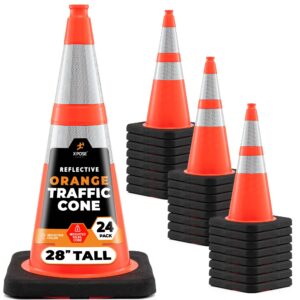 xpose safety 28 inch orange traffic cones heavy duty 10lb with 6" & 4" collars, 24 pack - multipurpose pvc plastic safety cone for parking, soccer, caution, kids and construction