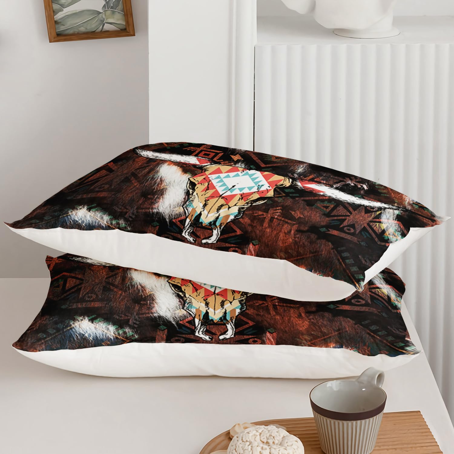 AILONEN Bull Skull Duvet Cover Set Queen Size,Cattle Cowhide Cow Fur Print Bedding Set,Buffalo Mexican Skull Comforter Cover Set,Western Cowboy Quilt Cover and 2 Pillowcases,3 Pieces